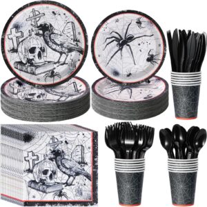 halloween party plates supplies,disposable vintage skull,spider web tableware paper plates and napkins cups knives spoons forks for halloween birthday baby shower party decorations,serve 50 guests