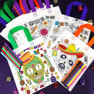 HOWAF Day of The Dead Coloring Gift Bags with 24 （12 Colors） Paint Pens, 12pcs Color Your Own Sugar Skull Tote Bags Dia De Los Muertos Non-Woven DIY Bags for Mexican Halloween Party Favors Activity