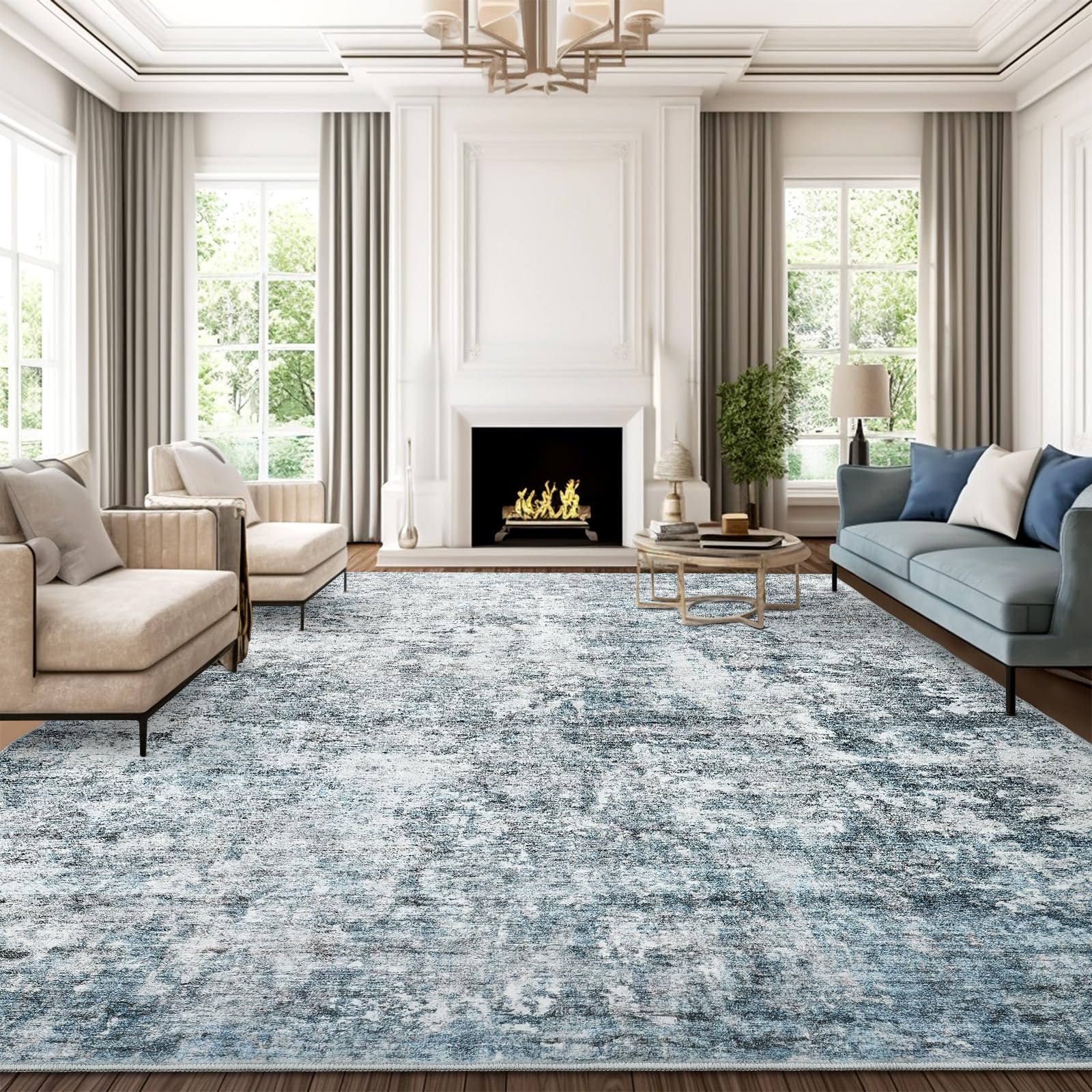 Soalmost Abstract Rug 8x10 Large Living Room Rugs Neutral Modern Washable Area Rugs for Bedroom Dining Room Non-Slip Stain Resistant Foldable Thin Rug Blue