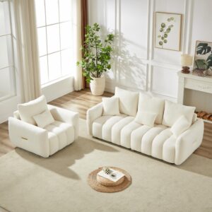 82" modern cloud sofa couch set, 2 piece living room furniture sets, comfy upholstered teddy 3 seater sofa and single accent chair with 24.7'' deep seat and 4 pillows for bedroom, apartment, beige