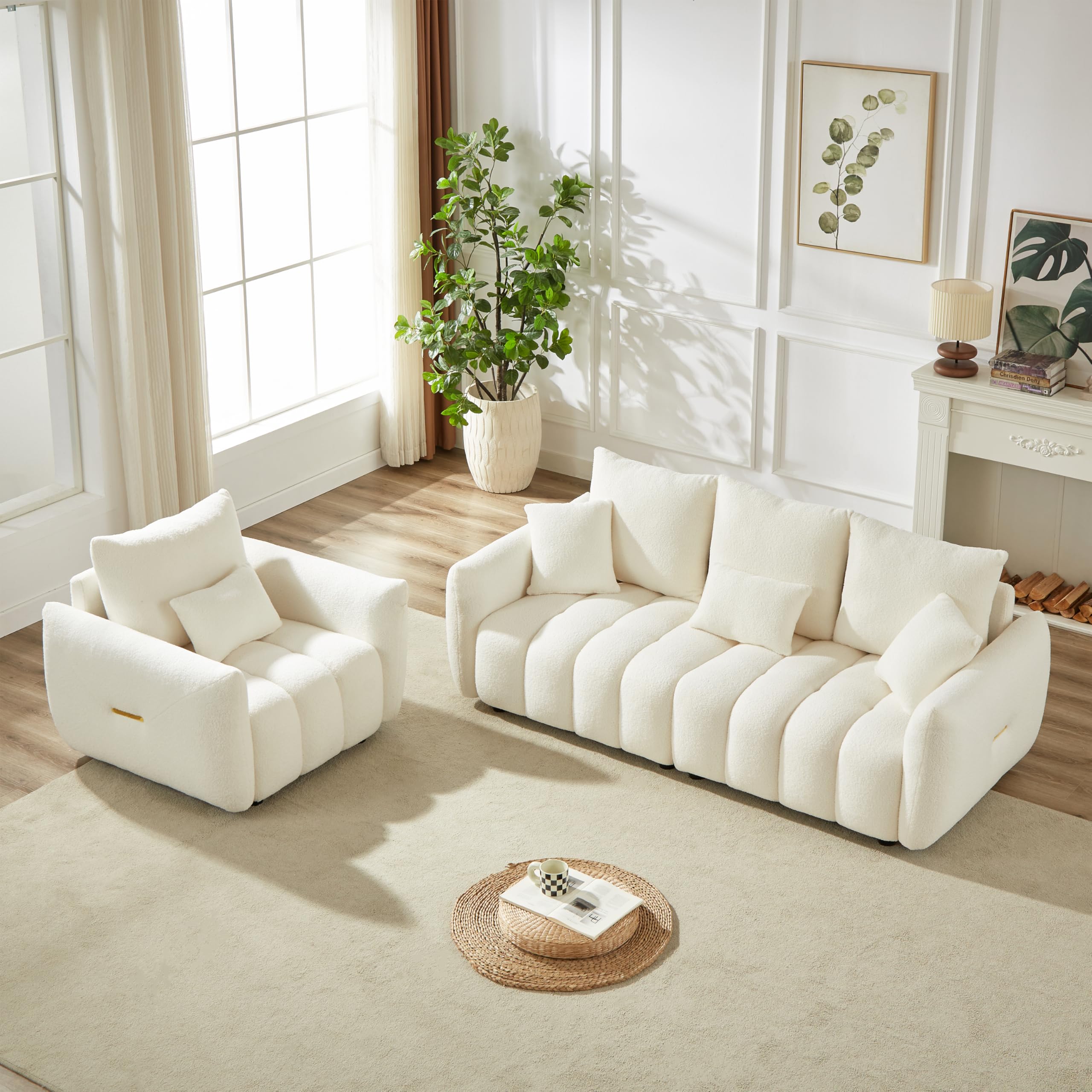 82" Modern Cloud Sofa Couch Set, 2 Piece Living Room Furniture Sets, Comfy Upholstered Teddy 3 Seater Sofa and Single Accent Chair with 24.7'' Deep Seat and 4 Pillows for Bedroom, Apartment, Beige