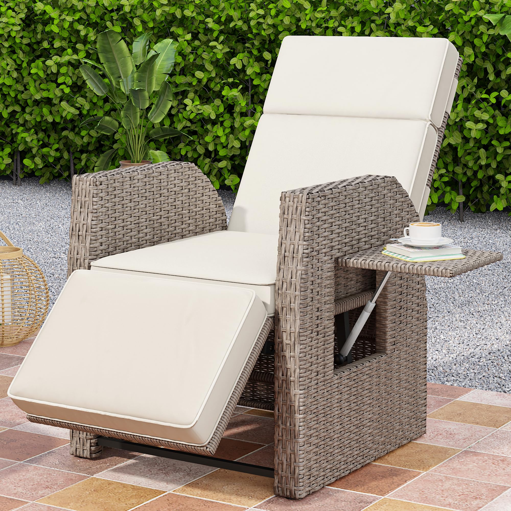 YITAHOME Outdoor Recliner Chair, Patio Wicker Lounge Chair with Adjustable Angle, Flip Table, Reclining Lounge Chair for Outside with Thick Cushions for Deck Backyard Pool Side, Beige