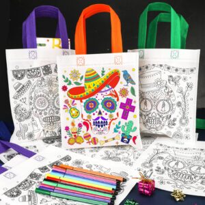 HOWAF Day of The Dead Coloring Gift Bags with 24 （12 Colors） Paint Pens, 12pcs Color Your Own Sugar Skull Tote Bags Dia De Los Muertos Non-Woven DIY Bags for Mexican Halloween Party Favors Activity