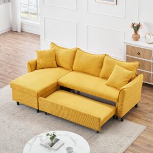 turridu convertible sectional sofa with pull-out bed and storage chaise lounge, l-shaped corduroy upholstered reversible couch with 2 throw pillows for living room, apartment (yellow)