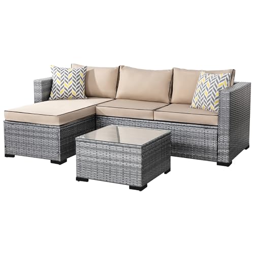 Shintenchi Patio Furniture Sets 3 Pieces Outdoor Sectional Sofa Silver All-Weather Rattan Wicker Sofa Small Patio Conversation Couch with Washable Cushion and Glass Table(Khaki)