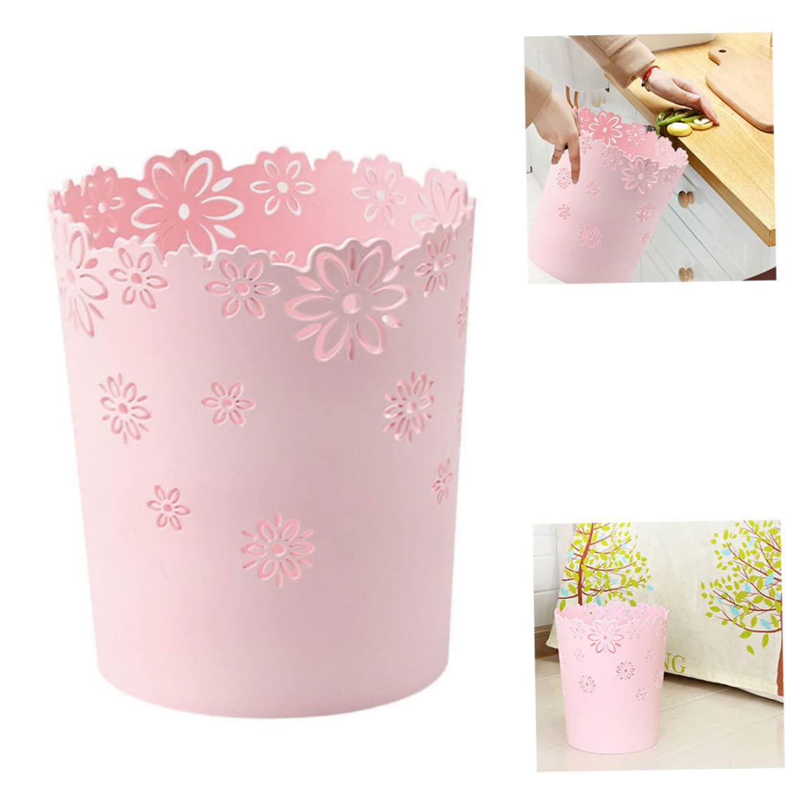 KUYYFDS Plastic Trash Can Hollow Flower Wastepaper Basket Round Lidless Garbage Container Bin Pink for Home