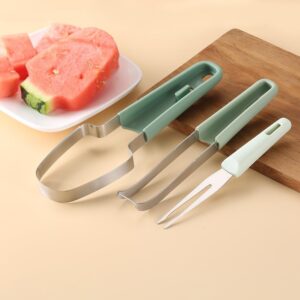 Drowsyme 3-in-1 Watermelon Fork Slicer Cutter, 2024 New Stainless Steel Watermelon Windmill Cutter, Summer Watermelon Cutting Tool Fork Slicer Knife Set for Kitchen, Camping, picnicking (Green)