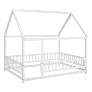 MilleLoom Full Size Solid Pine Wood Floor Bed Frame, Full Size House Floor Bed with Roof Fence Guardrails, Multifunctional Playhouse Bed for Kids Boys Girls Teens, Easy Assembly, White