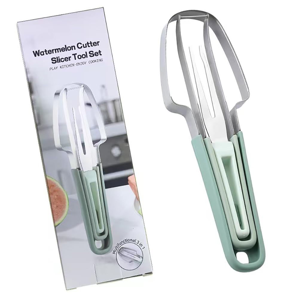 Drowsyme 3-in-1 Watermelon Fork Slicer Cutter, 2024 New Stainless Steel Watermelon Windmill Cutter, Summer Watermelon Cutting Tool Fork Slicer Knife Set for Kitchen, Camping, picnicking (Green)