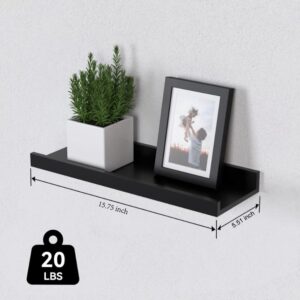 Bosniik 3ps 15.7 Inch Long Floating Bookshelf for Kids Room Black Wall Mounted Shelves with Lip for Storage, Display Picture Ledge Shelf for Bedroom Bathroom Kitchen Living Room Wall Decor Black