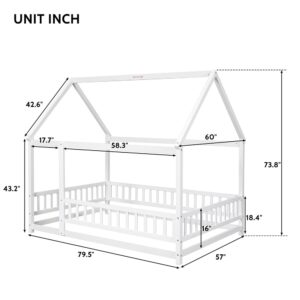 MilleLoom Full Size Solid Pine Wood Floor Bed Frame, Full Size House Floor Bed with Roof Fence Guardrails, Multifunctional Playhouse Bed for Kids Boys Girls Teens, Easy Assembly, White