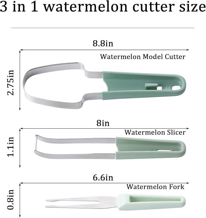 Drowsyme 3-in-1 Watermelon Fork Slicer Cutter, 2024 New Stainless Steel Watermelon Windmill Cutter, Summer Watermelon Cutting Tool Fork Slicer Knife Set for Kitchen, Camping, picnicking (Green)