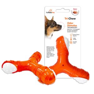 rethink pet tri-chew toy for dogs, bacon scented dog chew toys, long-lasting & durable dog teething toys, chew & squeeze odor stimulating tough dog toys for boredom