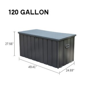 Domi 120 Gallon Outdoor Deck Box, Steel Tool Waterproof Lockable Storage Container with Resin Lid for Outside Cushions, Garden Tools and Pools Equipment (Gray)