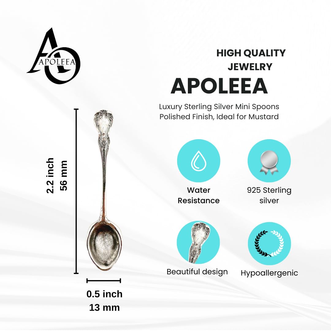 APOLEEA Hypoallergenic 925 Sterling Silver Small Salt Spoon - Premium Quality 2.2" Polished Round Bowl Mustard Spoon - Beautiful Designed Handle - Gift for Culinary Enthusiasts