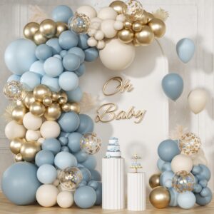 147pcs dusty blue balloon garland arch kit, dusty blue light baby blue sand white metallic gold confetti for birthday wedding bridal shower boho baby shower party decorations