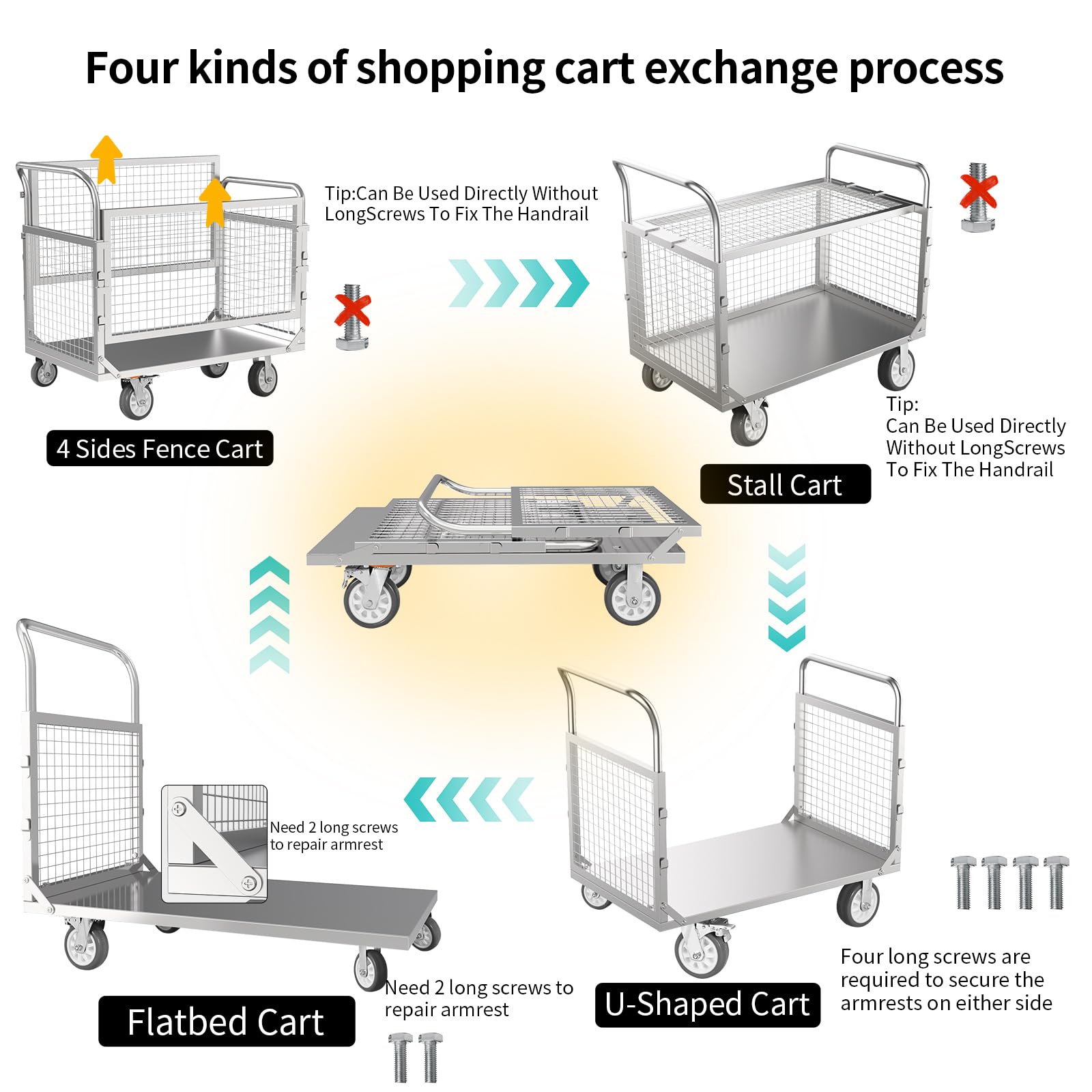 Platform Truck Cart with Cage, 4-in-1 Heavy Duty Push Cart Dolly, Multi-Functional Folding Flatbed Cart, Platform Hand Truck Dolly Flatbed Cart with Detachable Cage (Silver-002)