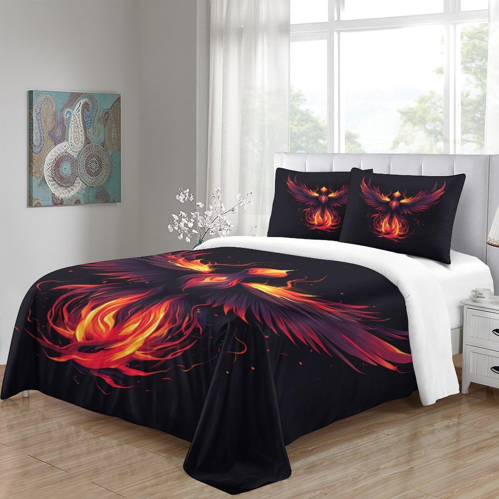 EVMILA Fire Phoenix Bedding Set 3D Printed Comforter Covers Duvet Cover Quilt Cover with Pillowcases for Childrens and Adults 3 Pieces Microfiber with Zipper Closure Twin（173x218cm）