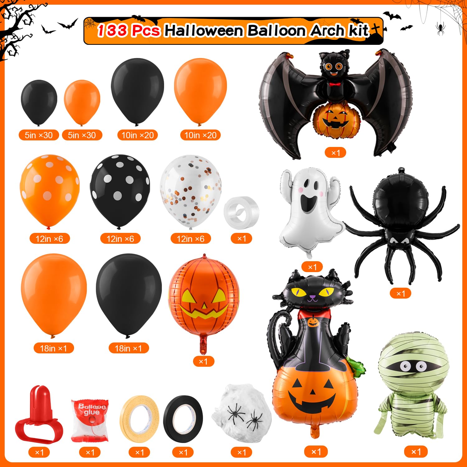 VinTS 133 Pcs Halloween Balloon Garland Arch Kit,Orange Black Halloween Balloons with Spider Web,Pumpkin, Bat Foil Balloon for Birthday Halloween Parties Decoration