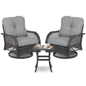 athena collection swivel patio furniture set, outdoor table and chairs set 3 piece all weather pe rattan conversation set with upholstered seat and backrest for bistro, garden, backyard, gray