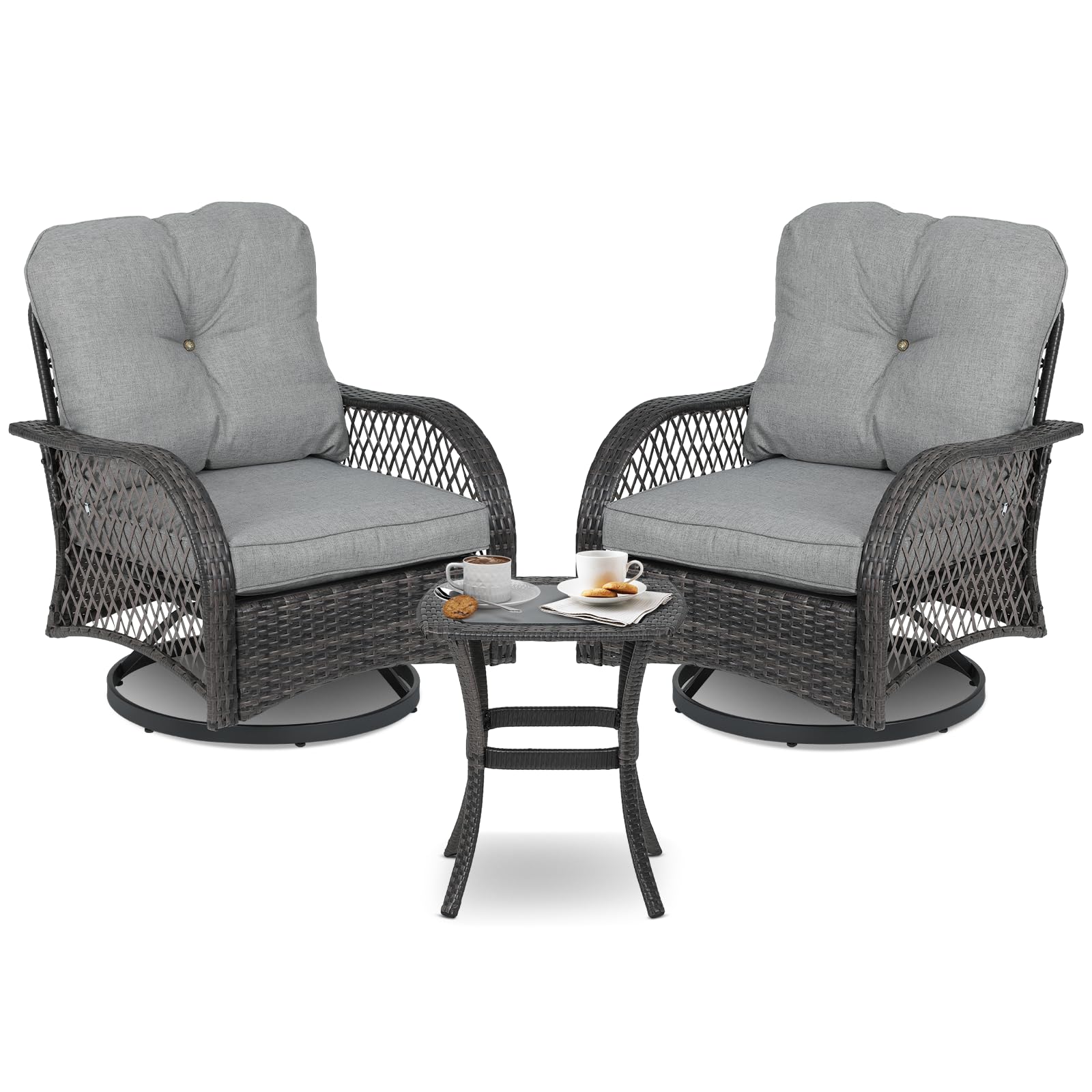 Athena Collection Swivel Patio Furniture Set, Outdoor Table and Chairs Set 3 Piece All Weather PE Rattan Conversation Set with Upholstered Seat and Backrest for Bistro, Garden, Backyard, Gray