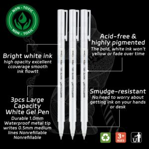 MARTCOLOR White Gel Pens, 1mm Fine Point Gel Ink Pen Opaque Archival Ink Pens for Black Paper Drawing, Sketching, Illustration, Card Making, Bullet Journaling, 3 Pack