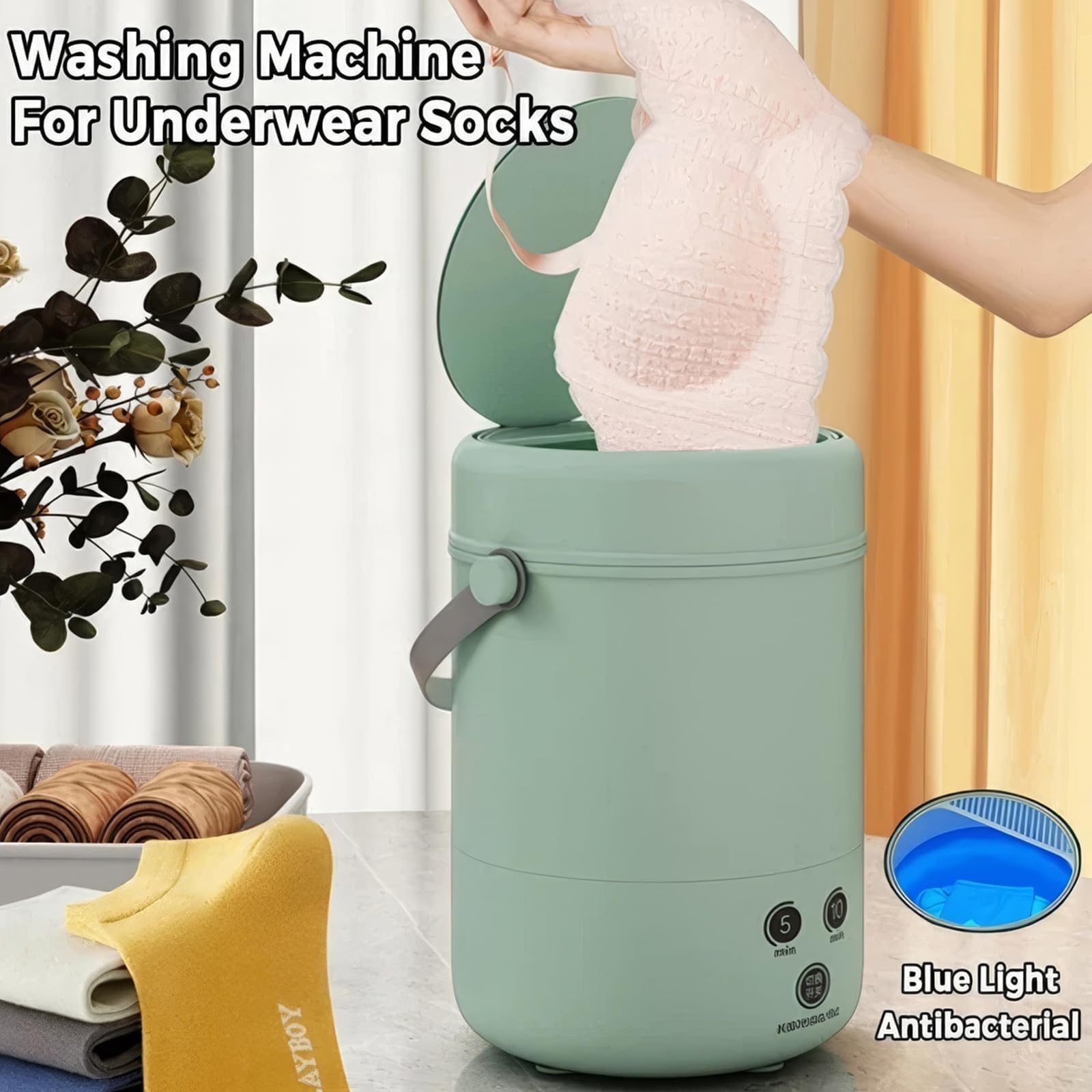 Mini Automatic Washing Machine Portable Socks and Underwear Washing Machine, 3.8LPortable Mini Washing Machine, Travel Washing Machine for Underwear, Socks (Green)