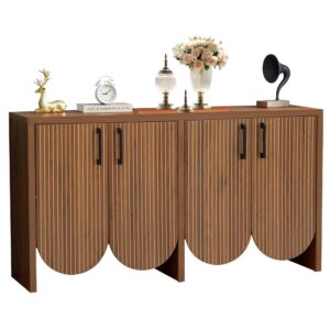 fluted buffet sideboard cabinet with storage,scandinavian 57.9” storage cabinet with adjustable shelves,carved arc door design accent buffet cabinet for living room dining room (walnut, 4 door)