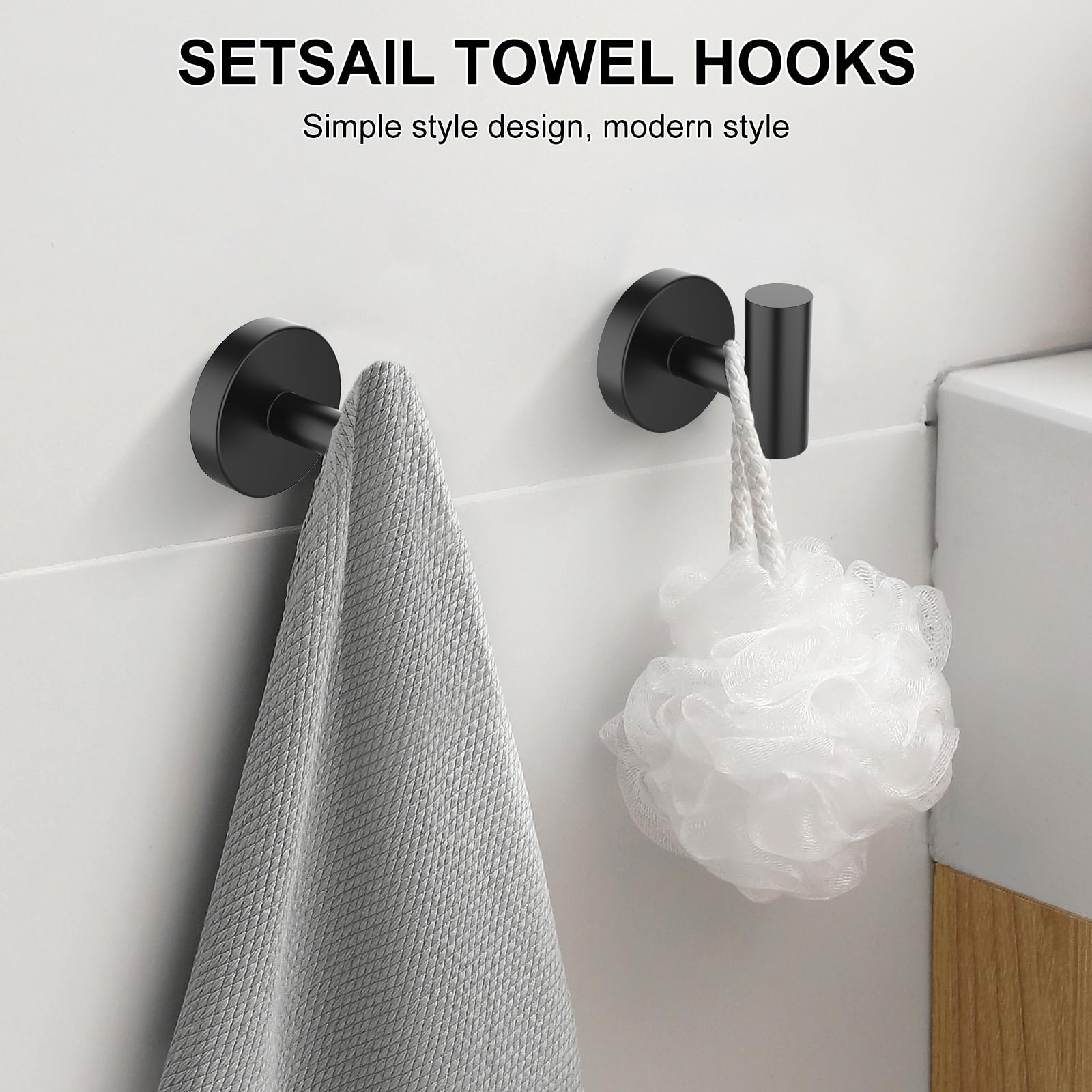 SetSail Towel Hooks for Bathrooms 4 Packs Matte Black Bathroom Towel Hook Wall Mounted 304 Stainless Steel Shower Towel Hooks for Coat Hanging, Drill Hole