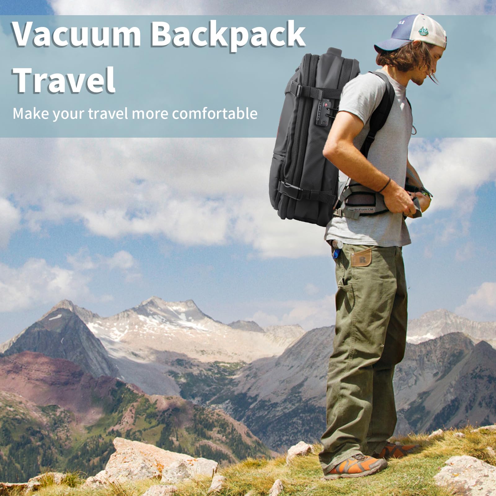 Vacpack Backpack, Air Backpack With Pump, 60L Expandable Backpack with Vacuum Compression, Anti Theft Vacpack Travel Vacuum Backpack (black)