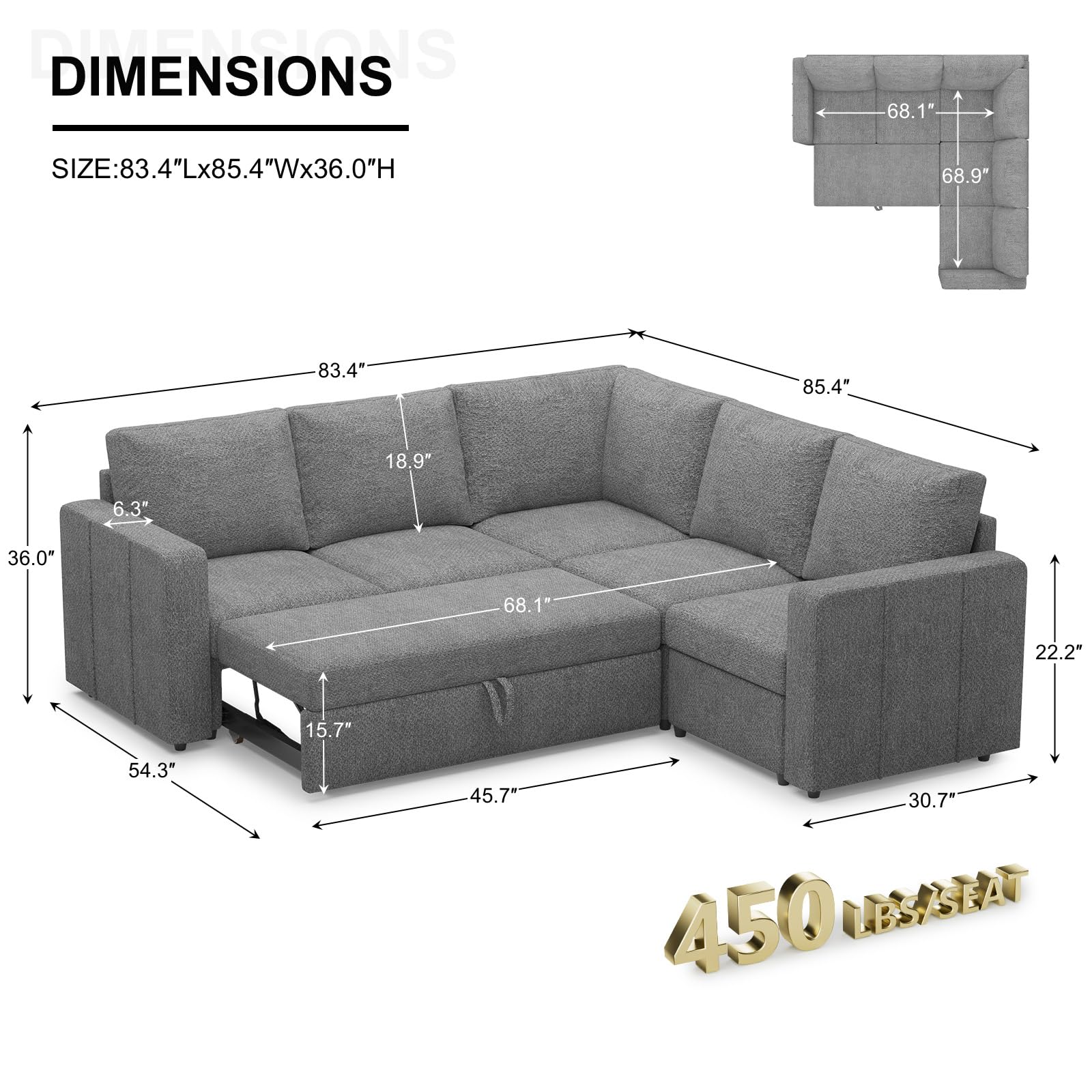 Belffin L Shape Modular Sectional Sleeper Sofa with Pull Out Bed Corner Sleeper Sofa Sectional Couch Convertible Sofa Grey