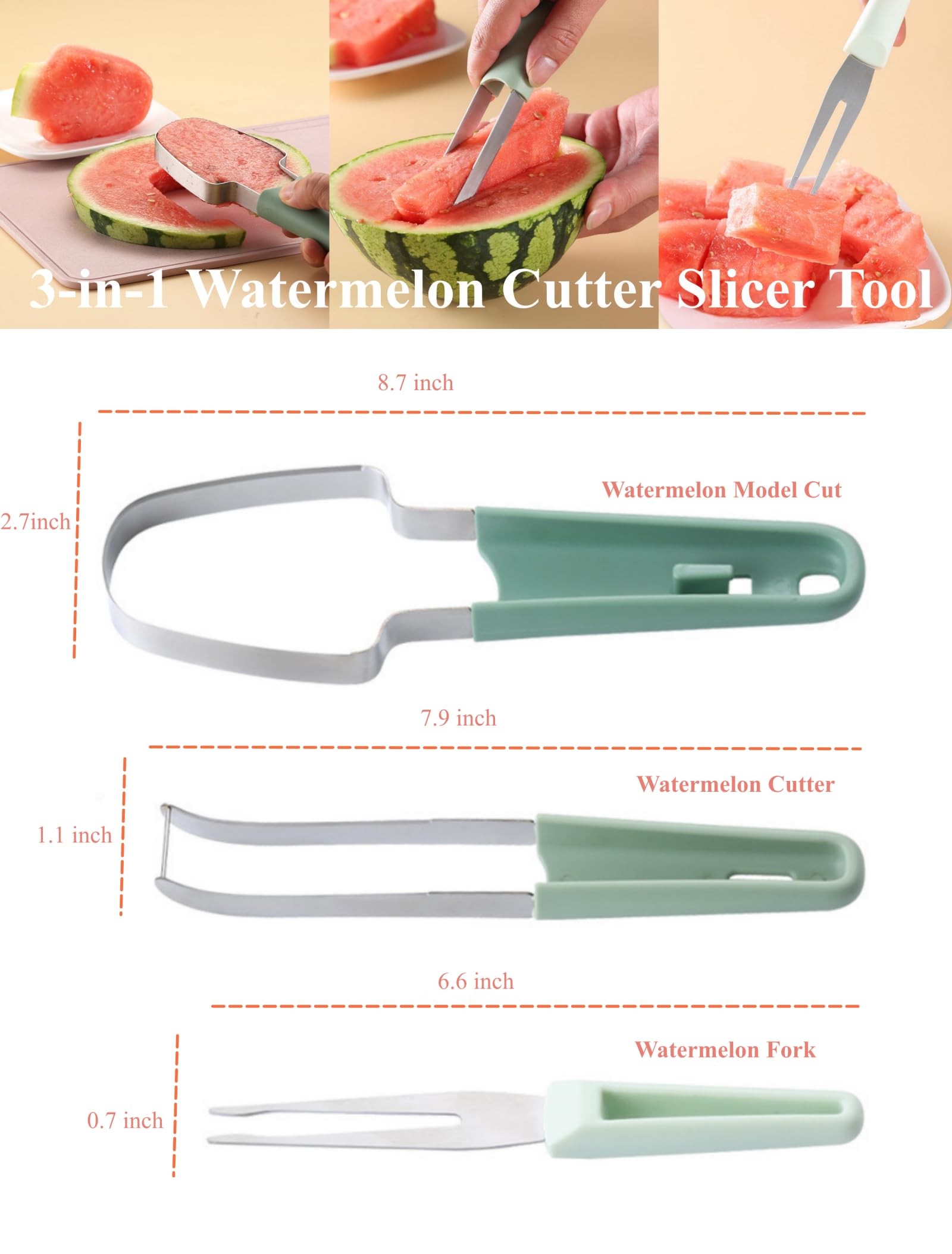 Generic 3-in-1 Watermelon Fork Slicer Cutter, 104Pcs Watermelon Forks Cutter Slicer Tool Kit, Stainless Steel Watermelon Melon Baller Scoop Popsicle Cutter Tool Knife Fruit Forks for Camping Kitchen