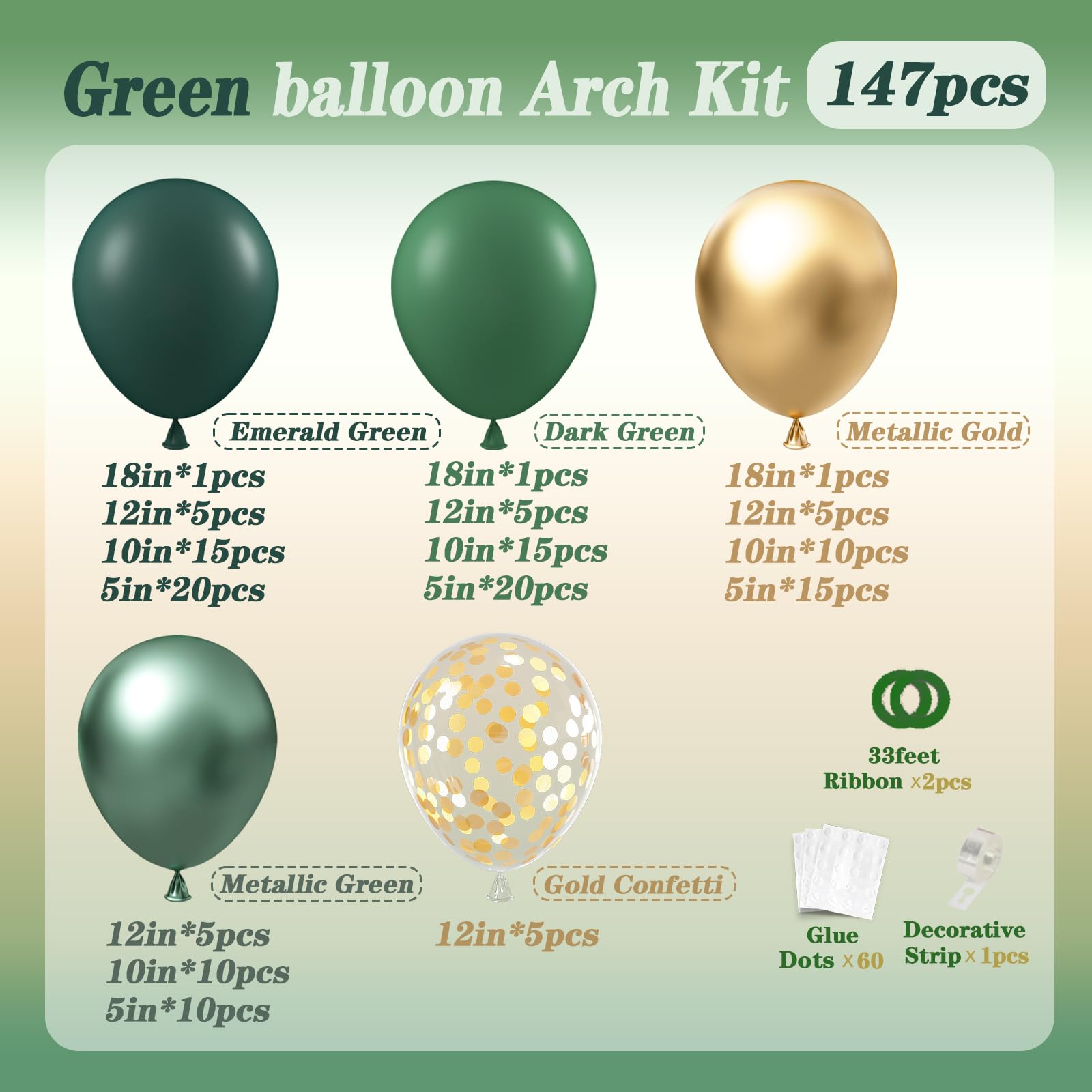 147pcs Green Balloon Garland Arch Kit, Dark Emerald Green and Gold Balloons for Wild One Jungle Birthday Graduation Safari Baby Shower Decorations