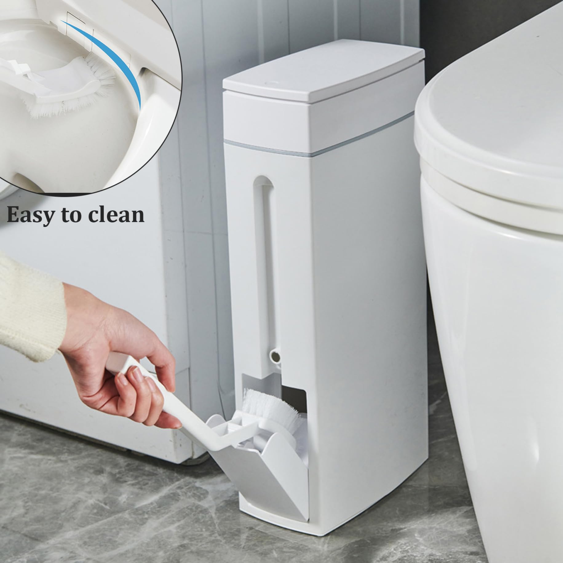 Bathroom Trash Can Set 16.5x8x4.3in 1.2-Gallon Slim Bathroom Bin with Toilet Brush Holder Press-Opening White Rectangular Toilet Trash Can for Toilet Kitchen Space Saving