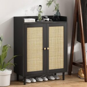 Shoe Cabinet - Rattan Shoe Cabinet for Entryway, Shoe Storage Cabinet with Adjustable Shelves, Black Shoe Cabinet, Farmhouse Freestanding Wood Shoe Rack Organizer for Closet, Living Room, Hallway