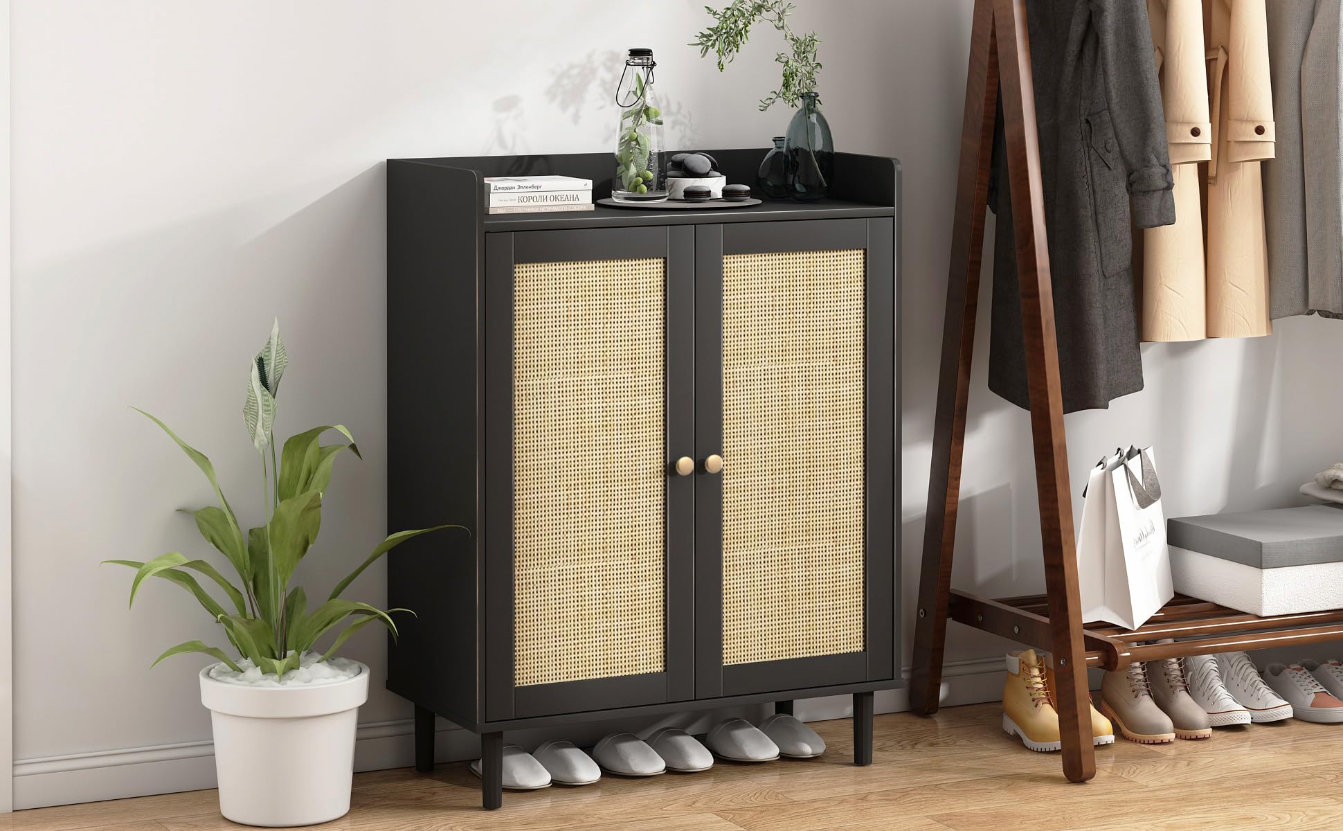 Shoe Cabinet - Rattan Shoe Cabinet for Entryway, Shoe Storage Cabinet with Adjustable Shelves, Black Shoe Cabinet, Farmhouse Freestanding Wood Shoe Rack Organizer for Closet, Living Room, Hallway