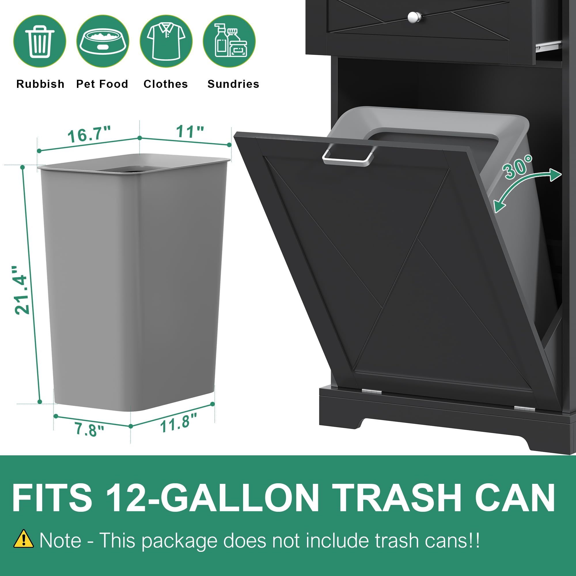 kepptory Tilt Out Trash Can Cabinet 12 Gallon, Hidden Trash Cabinet with Drawers, Kitchen Island Kitchen Pantry with Trash Can Storage, Tilt Out Laundry Hamper Cabinet (Black, Single -Door)