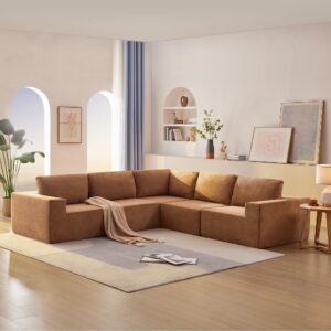 favfurish modular l shaped sectional sofa,sleeper couch set,upholstered reversible sofa-bed,5 pc free combination,for living room bedroom apartment,brown