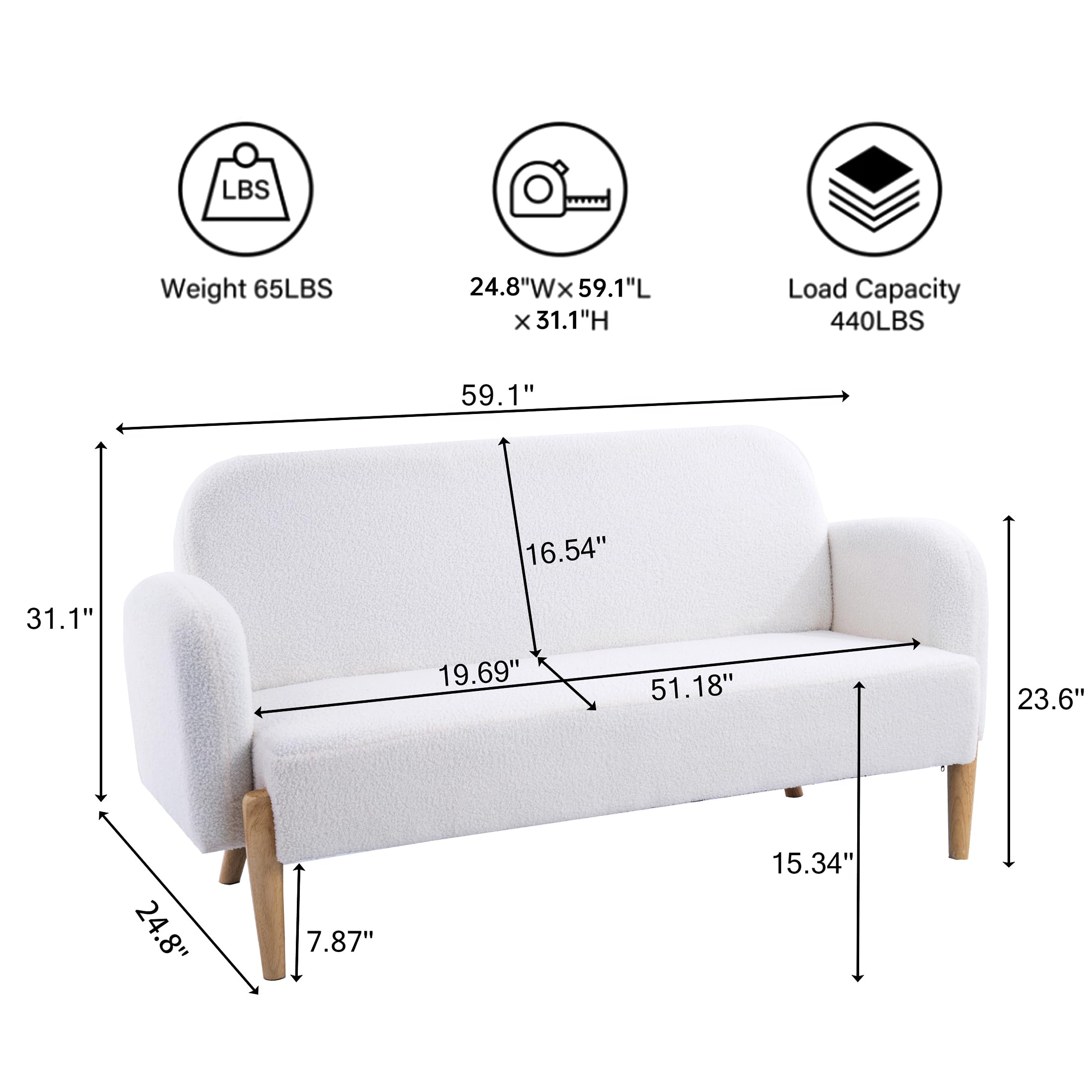 SumKea 59.1'' Teddy Loveseat Sofa, Futon Couch with Three Lumbar Pillows, Small Sofa Couch for Living Room, Apartment, Office, White