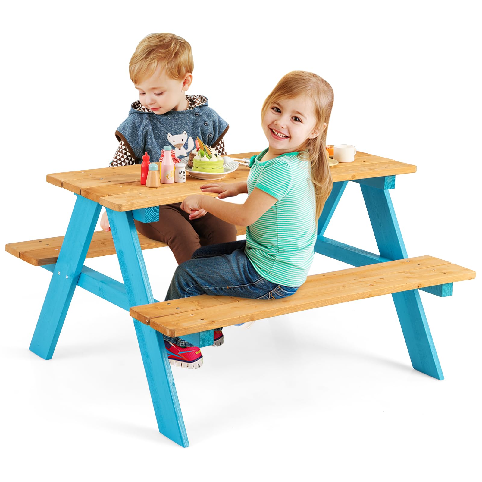 Costzon Kids Picnic Table, Fir Wood Children’s Activity Table with Benches, Toddler Patio Furniture Set, Kids Table and Chair Set for Outdoors, Backyard, Garden, Lawn, Gift for Boys Girls 3+