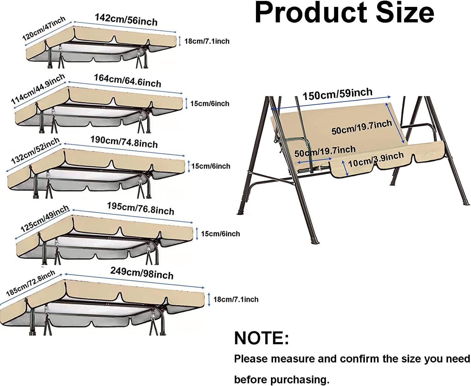 Replacement Canopy and Swing Cushion Cover, 2 and 3 Seater Swing Canopy Replacement Cover Set,Canopy Top Cover and Chair Seat Cover for Swing Patio Garden,210D Oxford Fabric(Beige,65x45x6inch)