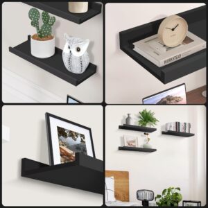 Bosniik 3ps 15.7 Inch Long Floating Bookshelf for Kids Room Black Wall Mounted Shelves with Lip for Storage, Display Picture Ledge Shelf for Bedroom Bathroom Kitchen Living Room Wall Decor Black