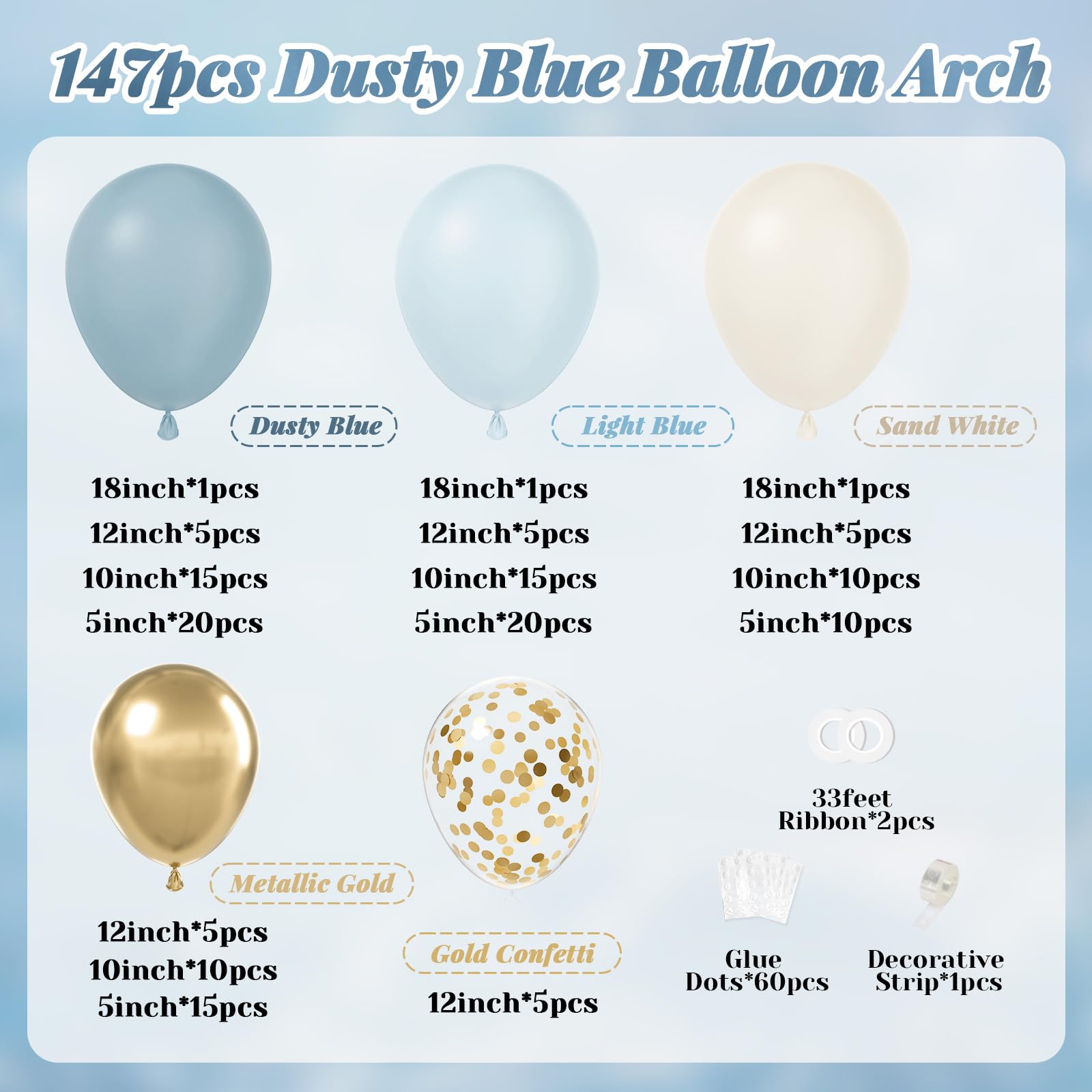 147pcs Dusty Blue Balloon Garland Arch Kit, Dusty Blue Light Baby Blue Sand White Metallic Gold Confetti for Birthday Wedding Bridal Shower Boho Baby Shower Party Decorations