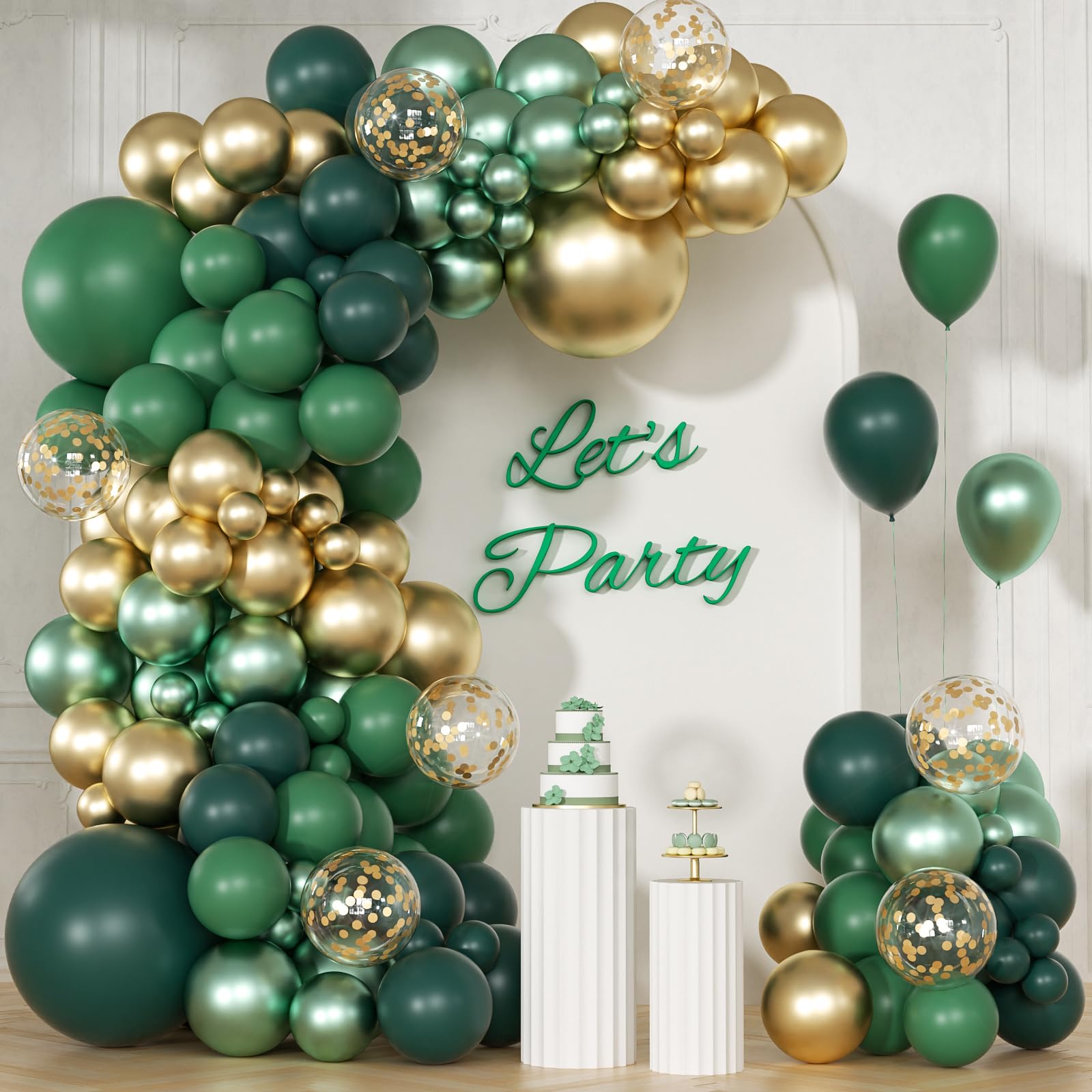 147pcs Green Balloon Garland Arch Kit, Dark Emerald Green and Gold Balloons for Wild One Jungle Birthday Graduation Safari Baby Shower Decorations