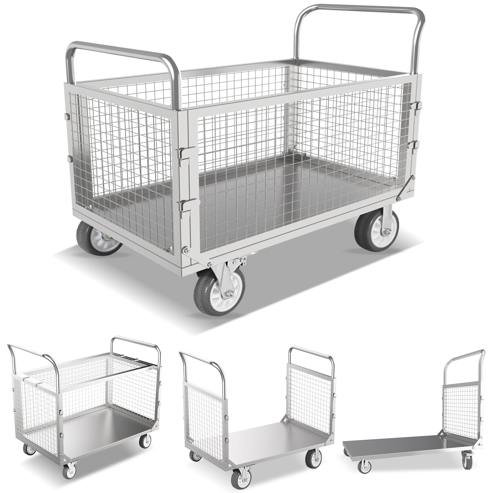 Platform Truck Cart with Cage, 4-in-1 Heavy Duty Push Cart Dolly, Multi-Functional Folding Flatbed Cart, Platform Hand Truck Dolly Flatbed Cart with Detachable Cage (Silver-002)