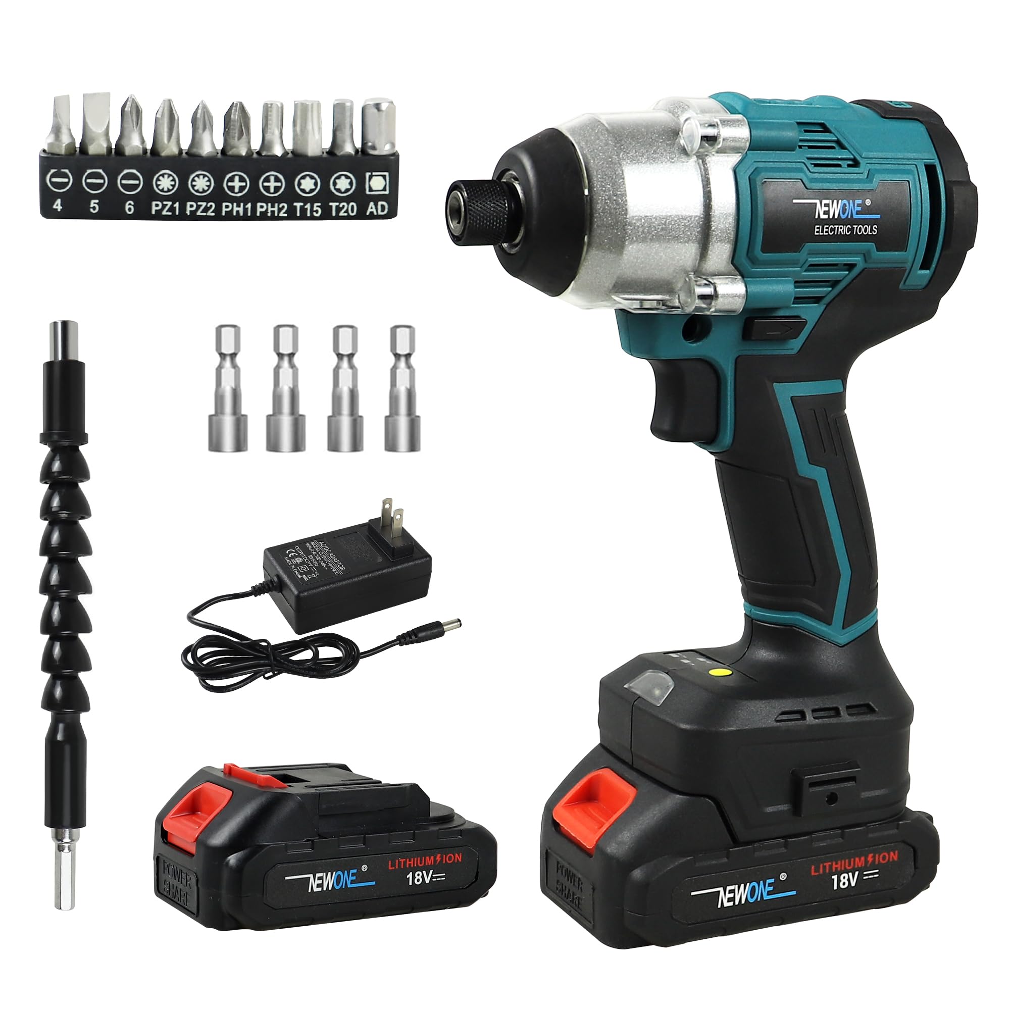 NEWONE Power Impact Driver Kit, 200N.m. 20V Cordless 1/4-Inch Impact Drill/Driver Set with LED Work Light, Variable Speed (0-3200 RPM), with 4Pcs Sockets,10Pcs Driver Bits,2 Batteries Charger