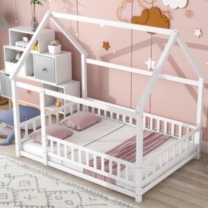 MilleLoom Full Size Solid Pine Wood Floor Bed Frame, Full Size House Floor Bed with Roof Fence Guardrails, Multifunctional Playhouse Bed for Kids Boys Girls Teens, Easy Assembly, White