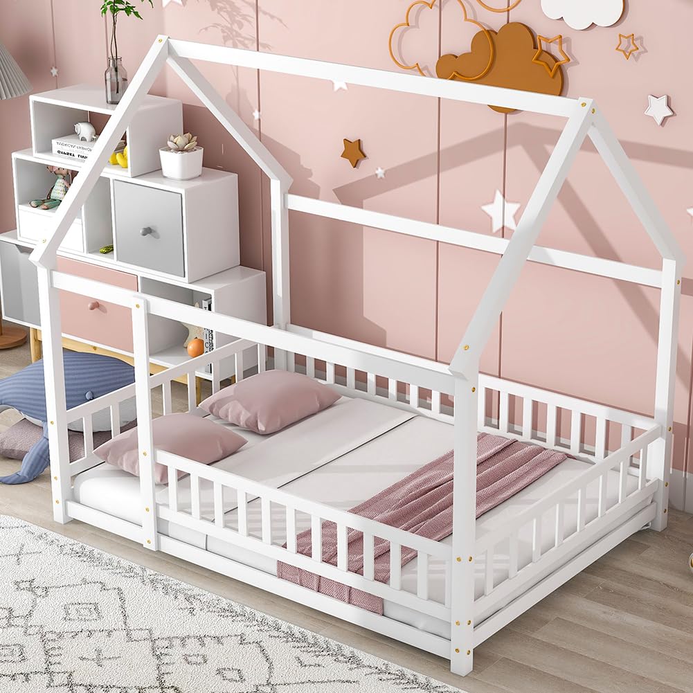 MilleLoom Full Size Solid Pine Wood Floor Bed Frame, Full Size House Floor Bed with Roof Fence Guardrails, Multifunctional Playhouse Bed for Kids Boys Girls Teens, Easy Assembly, White