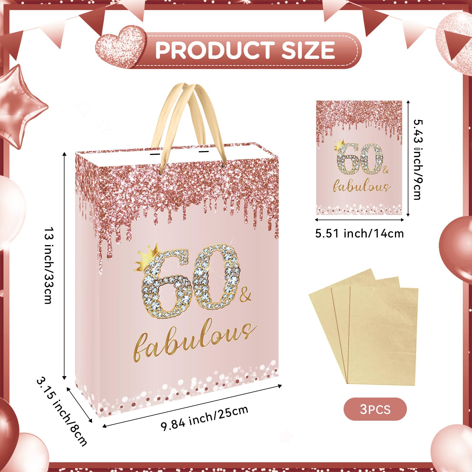 GOLDCROW Rose Gold 60th Birthday Gift Bag for Women with Handles Large Pink Happy 60th Birthday Gift Bag with 60th Birthday Wrapping Paper and Card for 60th Birthday Decorations Party Supplies