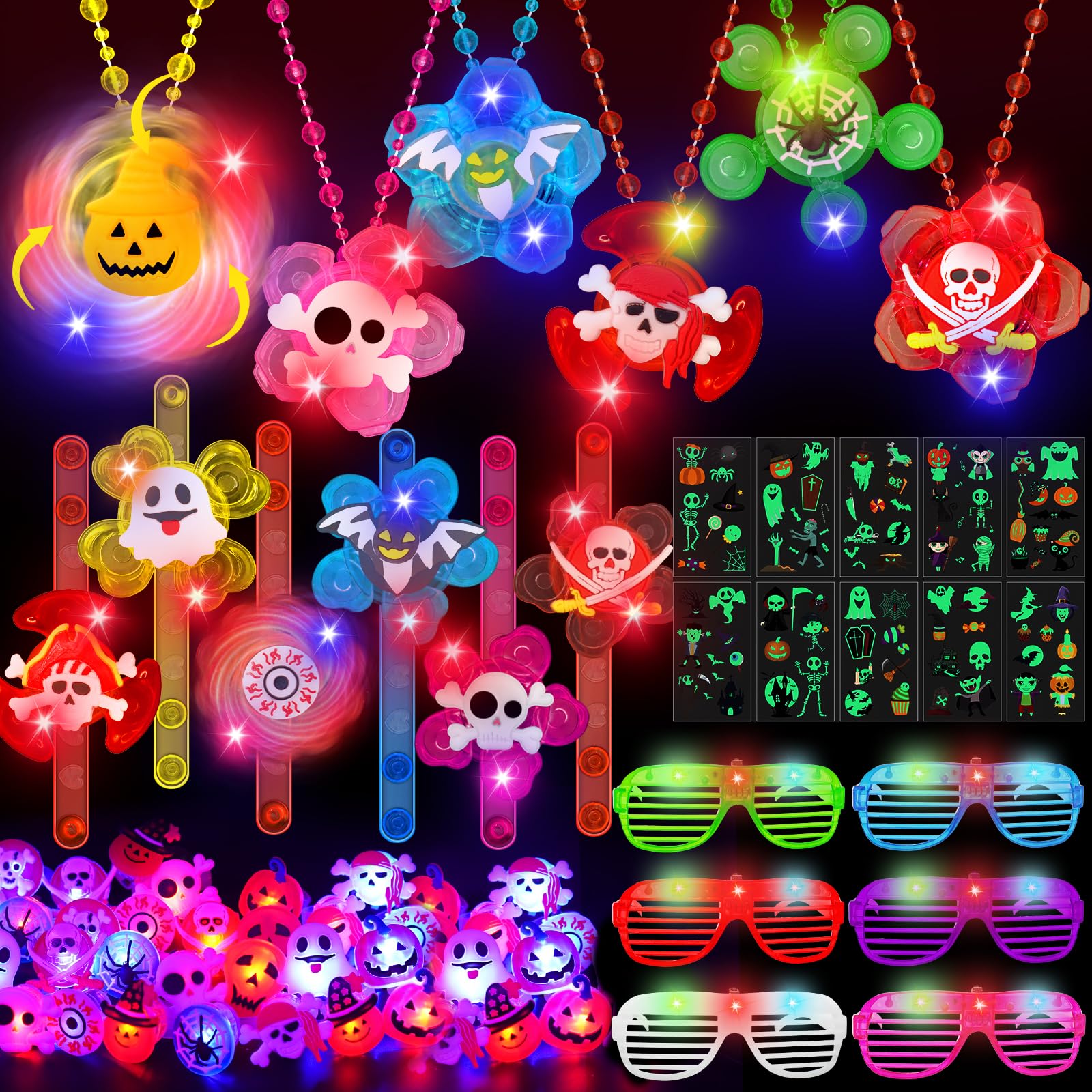 62 PCS Halloween Party Favors for Kids, Halloween Glow in the Dark Toys Rotating LED Necklaces Bracelets Flash Rings Goodie Bag Fillers for Halloween Party Classroom Prizes Trick or Treats Gifts